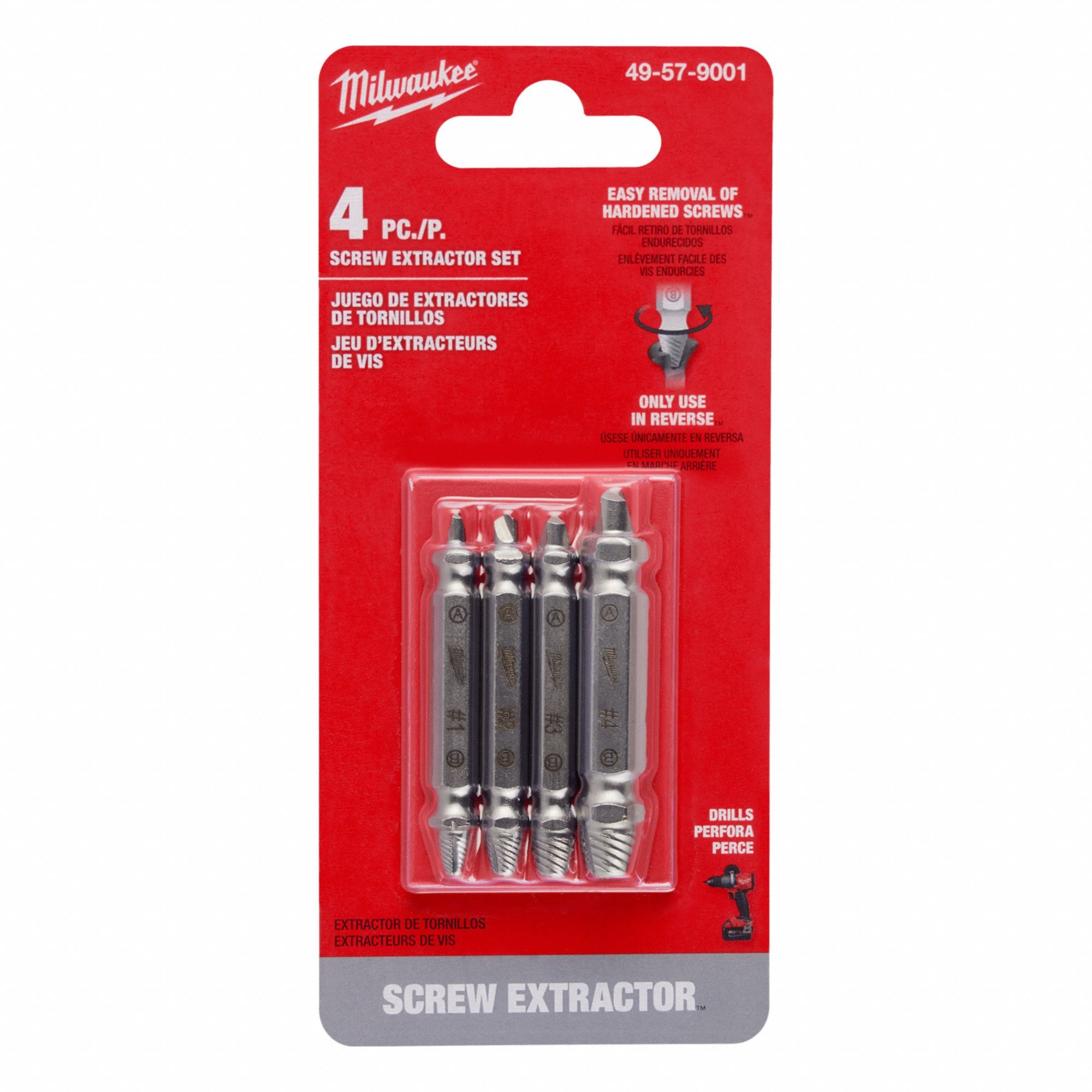 MILWAUKEE, 4 Pc, Double End Extractor Bit, Screw Extractor Set - 820RW1 ...