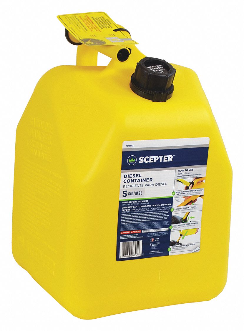 SCEPTER Diesel Fuel Can, Polypropylene, 5 gal Capacity, 15-47/64" Height, 11-17/32" Length ...