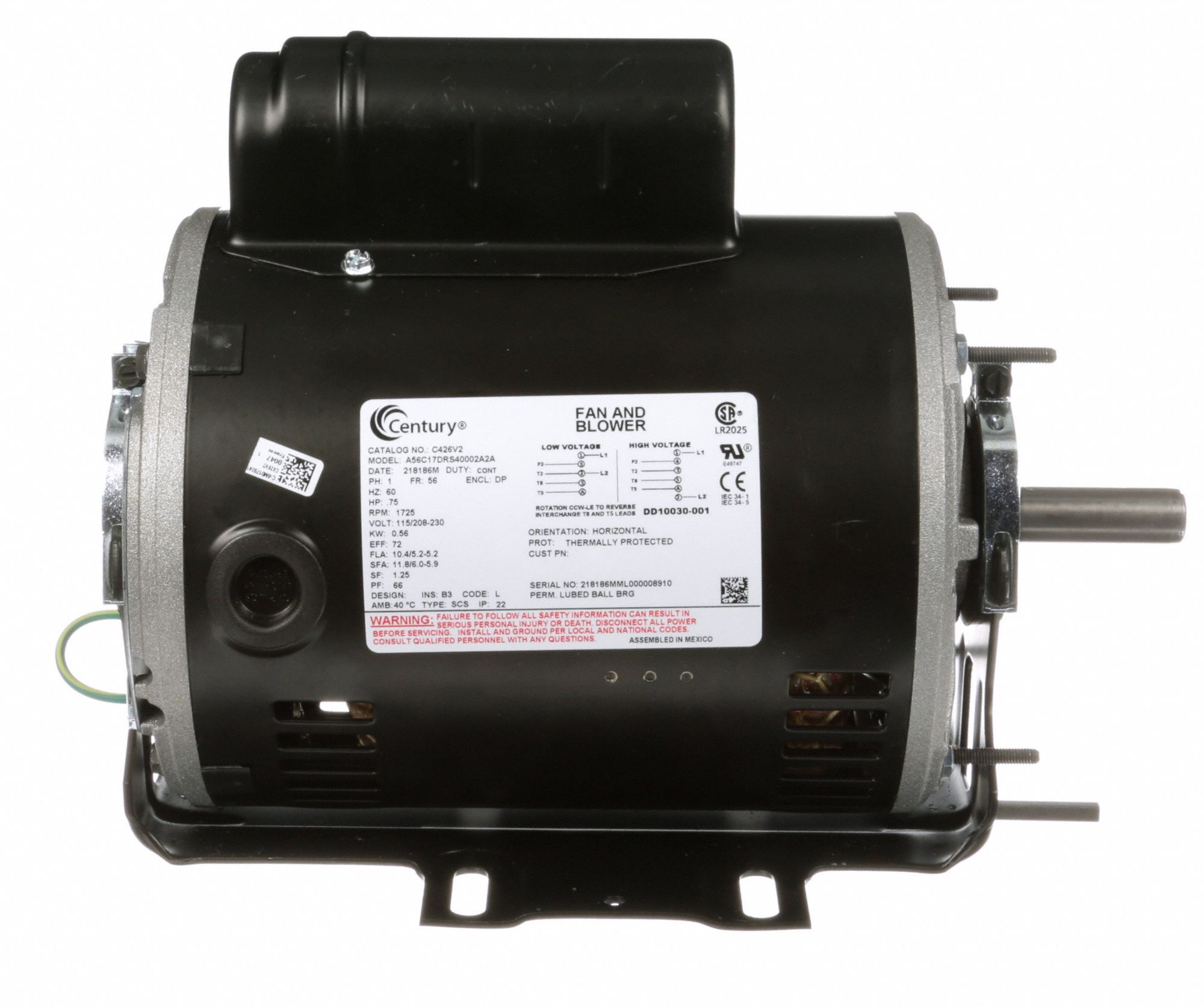 CENTURY Belt Drive Motor: 1 Speed, Open Dripproof, Cradle Base Mount, 3 ...