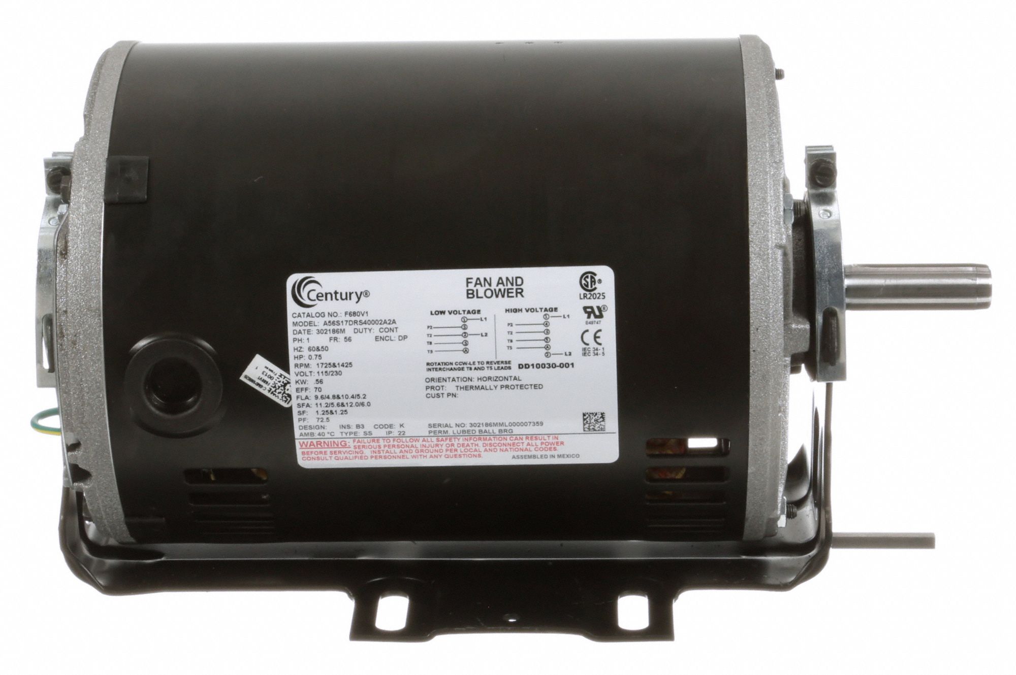 CENTURY Belt Drive Motor: 1 Speed, Open Dripproof, Cradle Base Mount, 3 ...