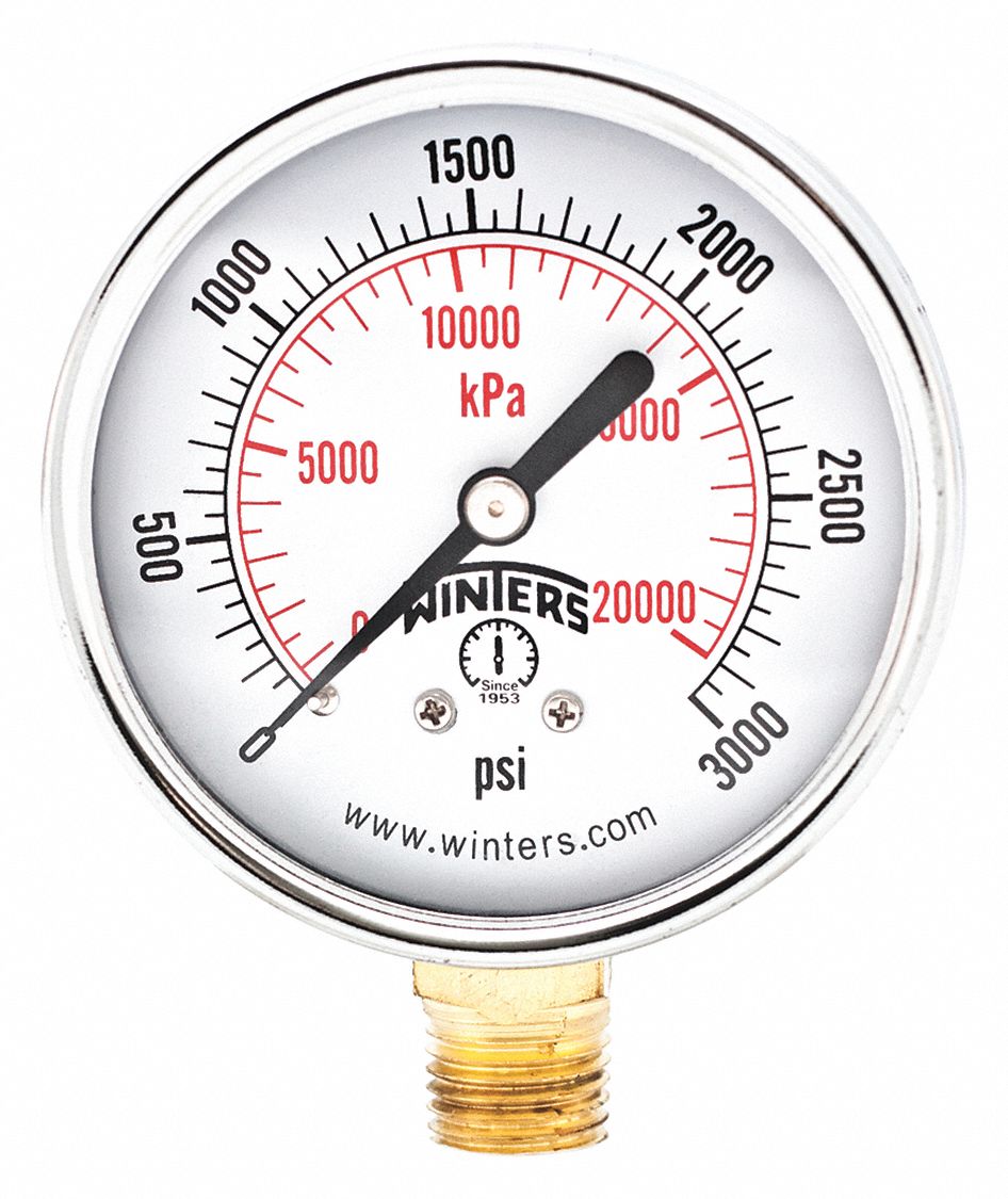 WINTERS, 0 psi / Hg to 3,000 psi, 2 1/2 in Dial, Commercial Pressure ...