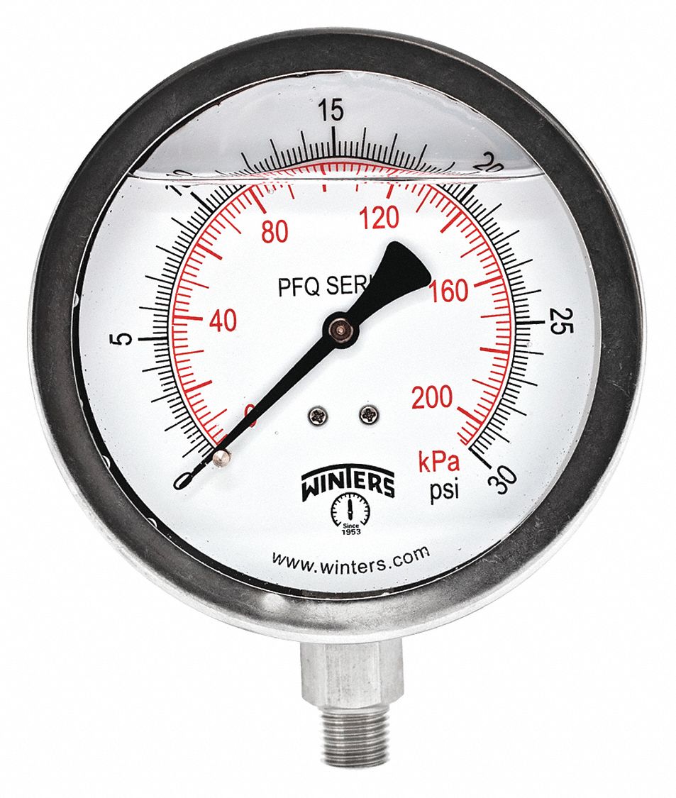 WINTERS, 0 psi / Hg to 30 psi, 4 in Dial, Industrial Pressure Gauge ...
