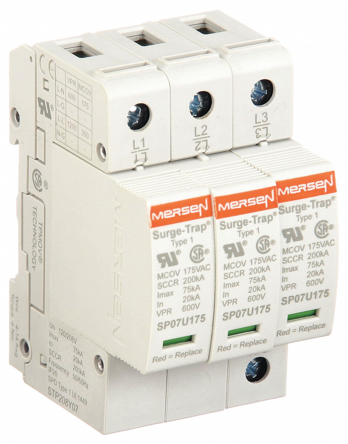 MERSEN, Three Phase, 120/208V AC Wye, Surge Protection Device - 491G60 ...