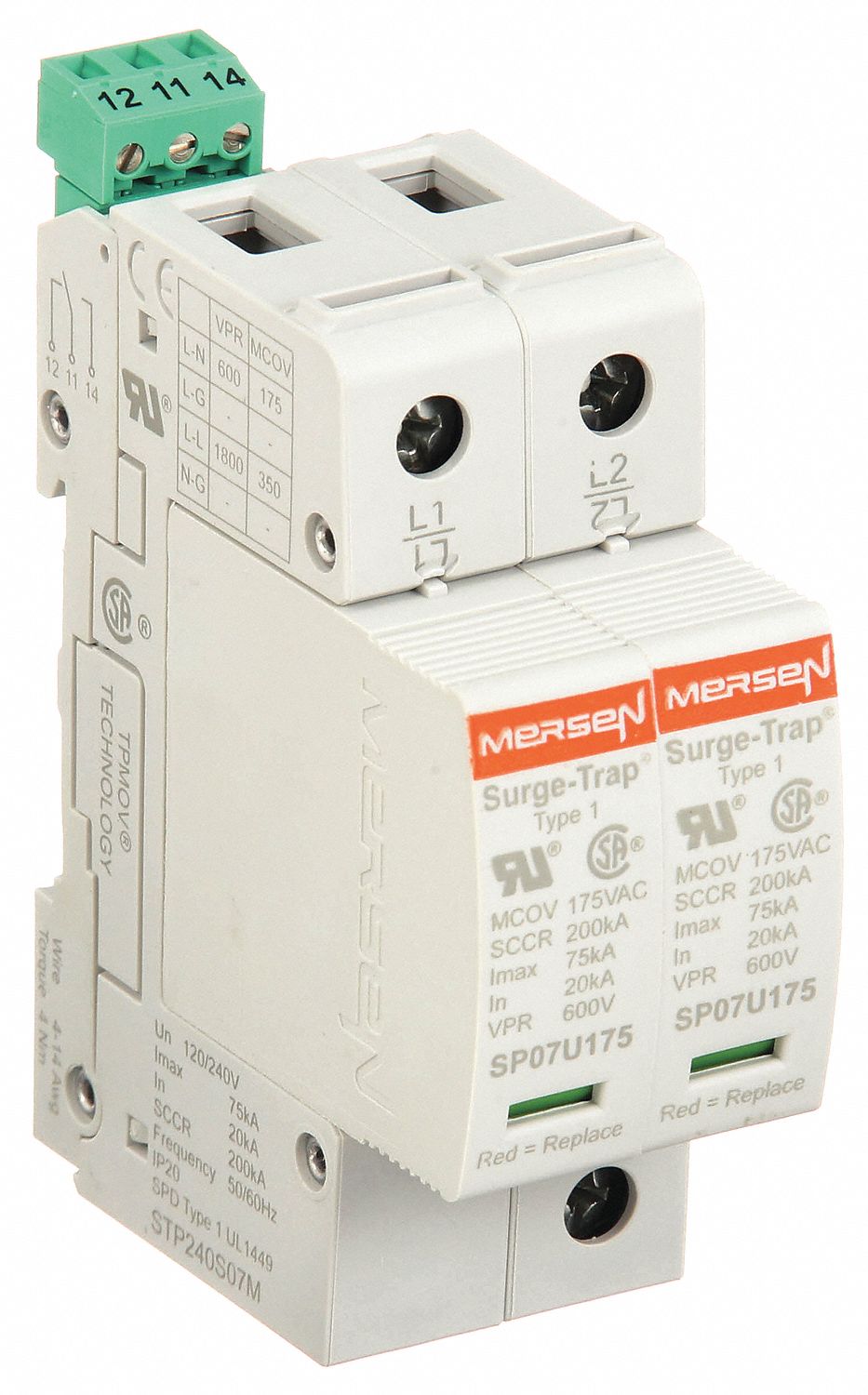 MERSEN, Single Phase, 120/240V AC, Surge Protection Device - 491G64 ...