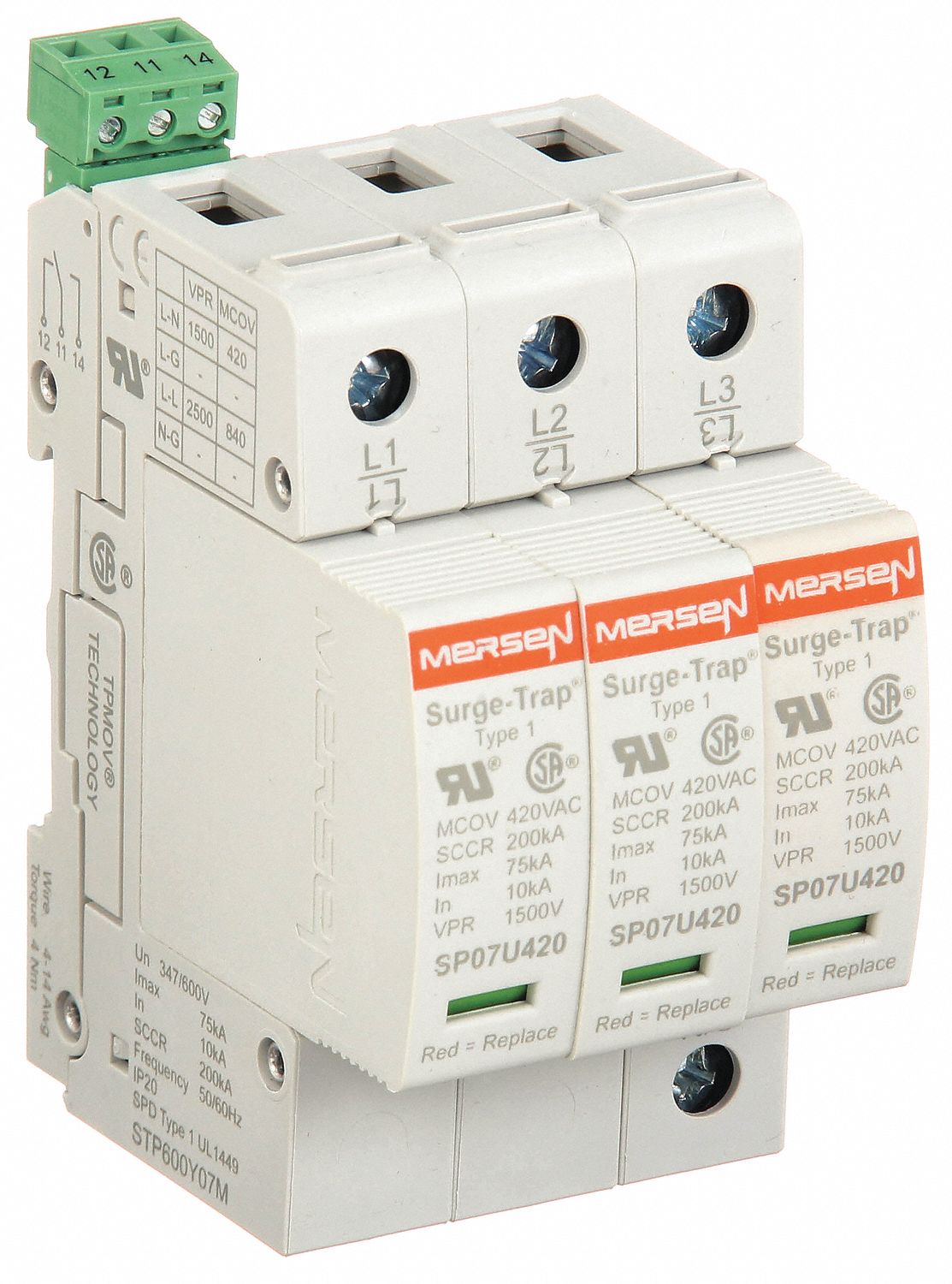 MERSEN, Three Phase, 347/600V AC Wye, Surge Protection Device - 491G76 ...