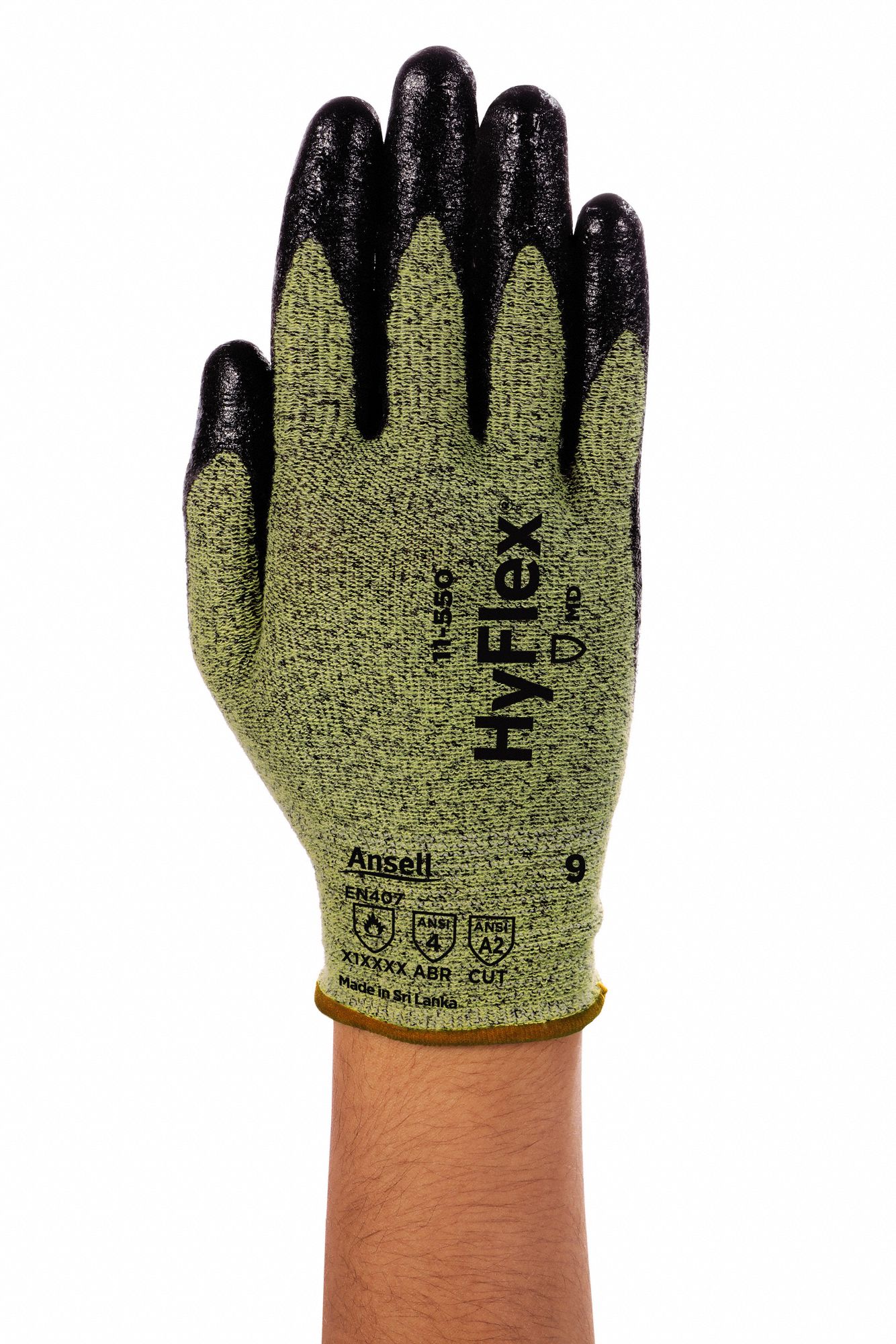 HYFLEX Coated Gloves: XL ( 10 ), ANSI Cut Level A2, Palm, Dipped, Foam Nitrile, Sandy, Green, 1 ...