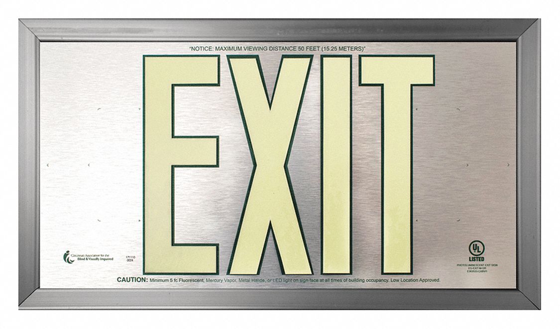 Aluminum, Mounting Holes Sign Mounting, Photoluminescent Exit Sign with ...