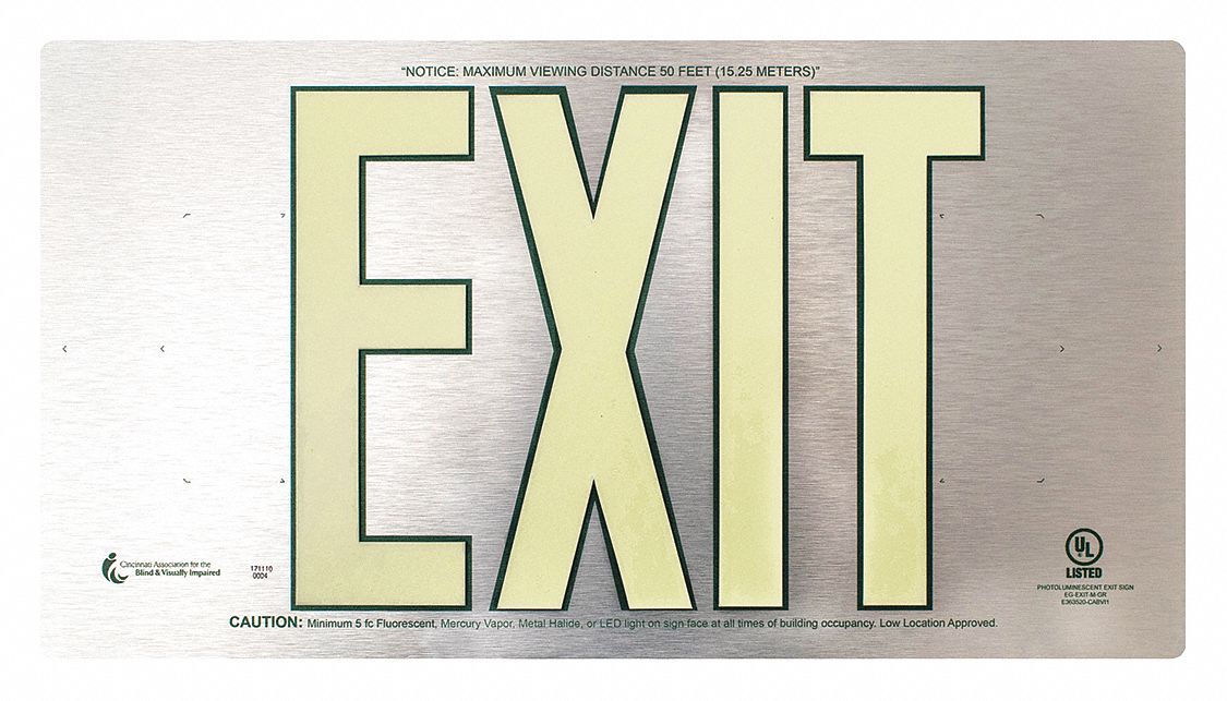Aluminum, 8 1/2 in x 15 1/4 in Nominal Sign Size, Photoluminescent Exit ...