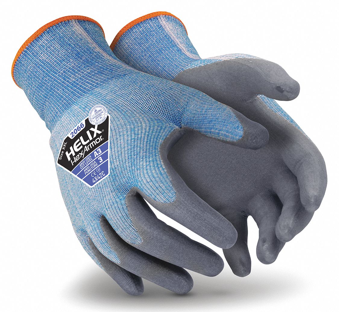HEXARMOR COATED GLOVES, XS (6), ANSI CUT LEVEL A3, DIPPED PALM, FOAM NITRILE, SANDY, BLUE - Knit ...