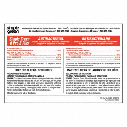 SIMPLE GREEN, 4 in Ht, 6 in Wd, Secondary Bottle Label - 494K60 ...