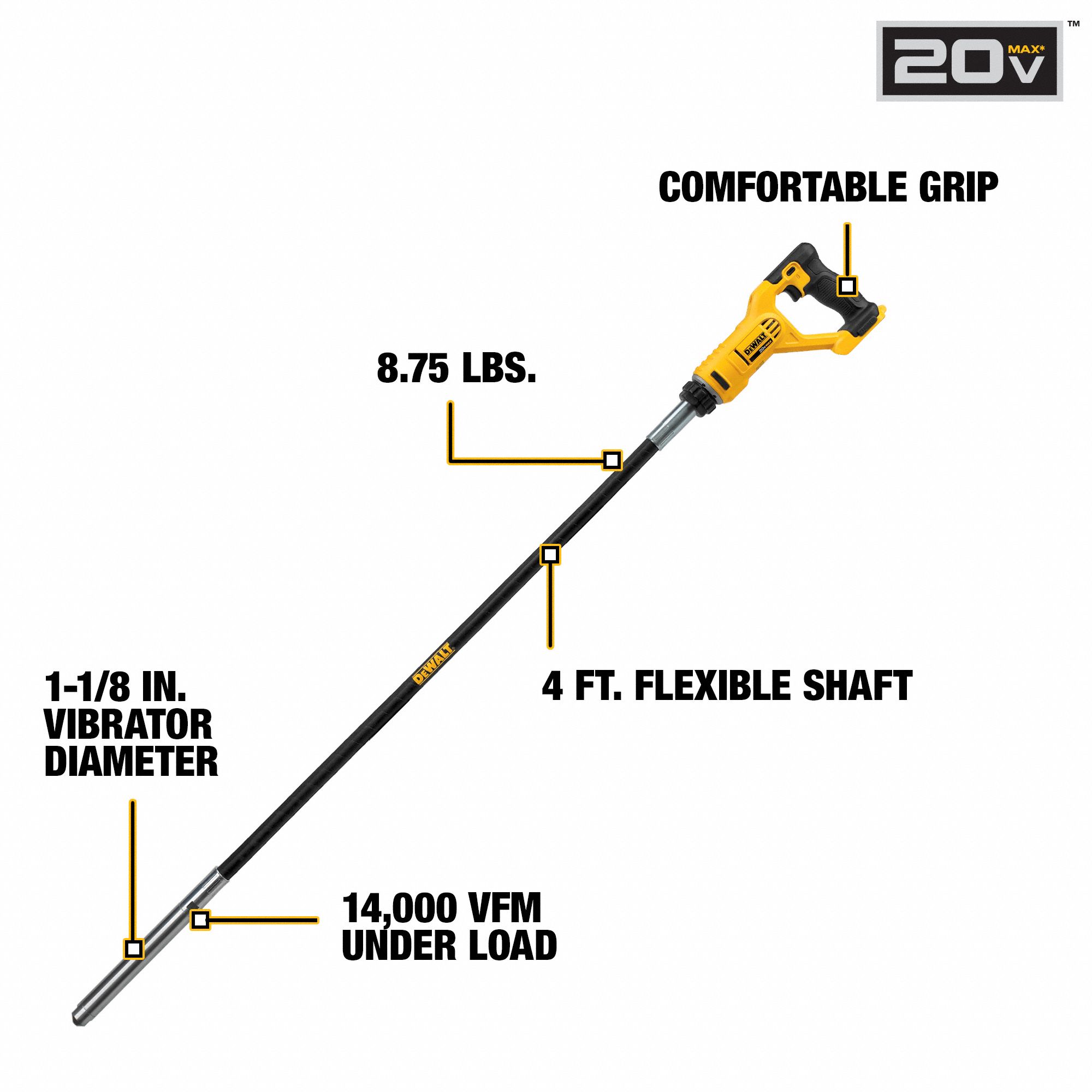 DEWALT Cordless Concrete Vibrator: Handheld, 20V DC, 4 ft Lg, 1 1/8 in ... DEWALT Cordless Concrete Vibrator: Handheld, 20V DC, 4 ft Lg, 1 1/8 in ...