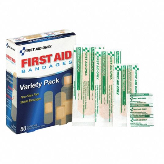 FIRST AID ONLY, Strip Bandages, 5/8 in_3/4 in_7/8 in_1 in Wd, Adhesive ...