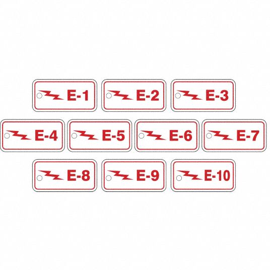 Energy Source ID Tag, Plastic, E-(1 to 10), 1-1/2" x 3", 10 PK - Grainger