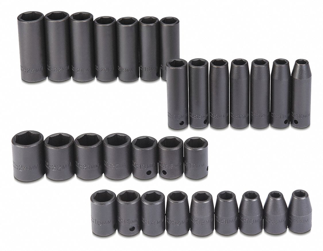 Impact Socket Set, Black Oxide, 1/2 in, Impact Rated Yes - Grainger