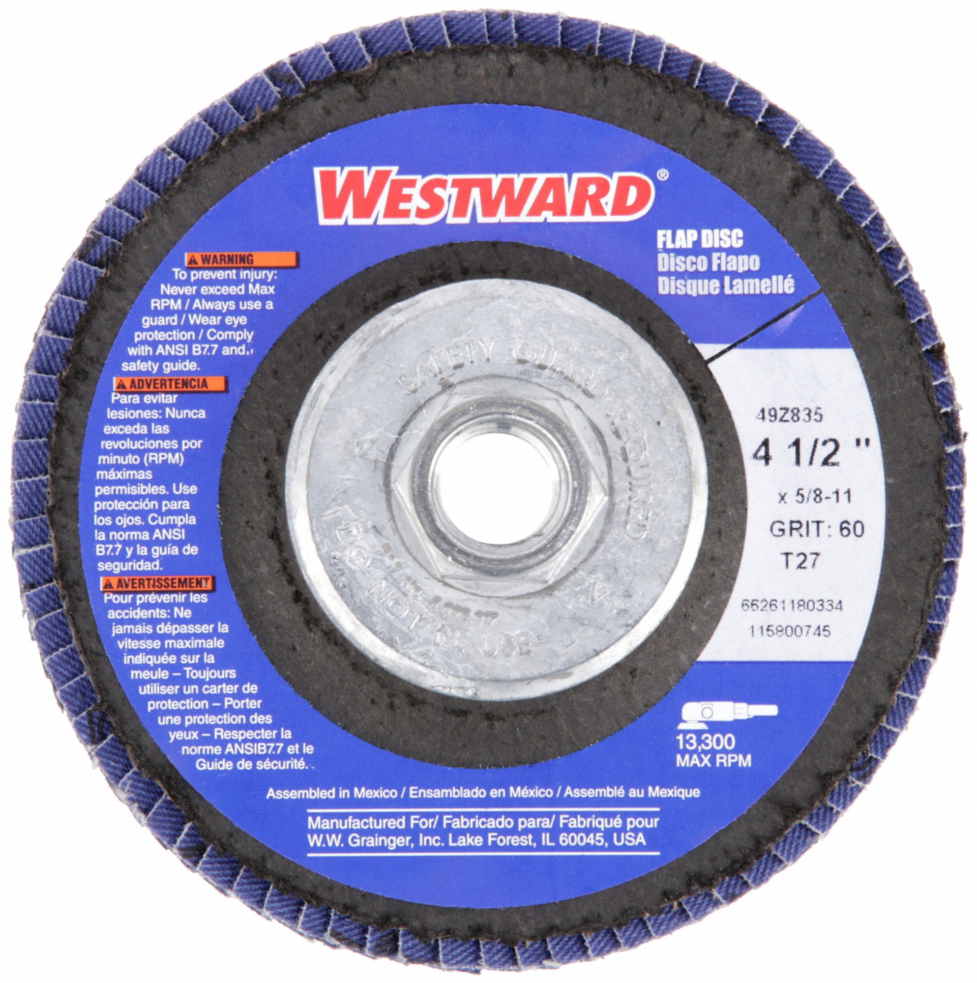 WESTWARD, Type 27, 4 1/2 in x 5/8"-11, Flap Disc - 49Z835|66261180334 ...
