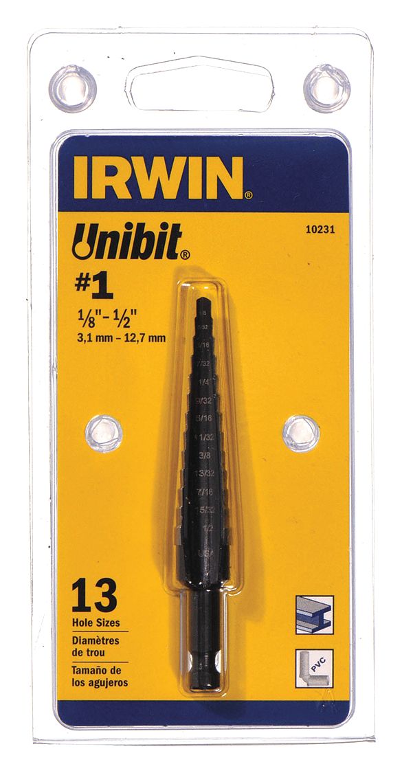 IRWIN, 1/8" to 1/2", Black Oxide HSS, Step Drill Bit - 4A946|UNIBIT 1 ...