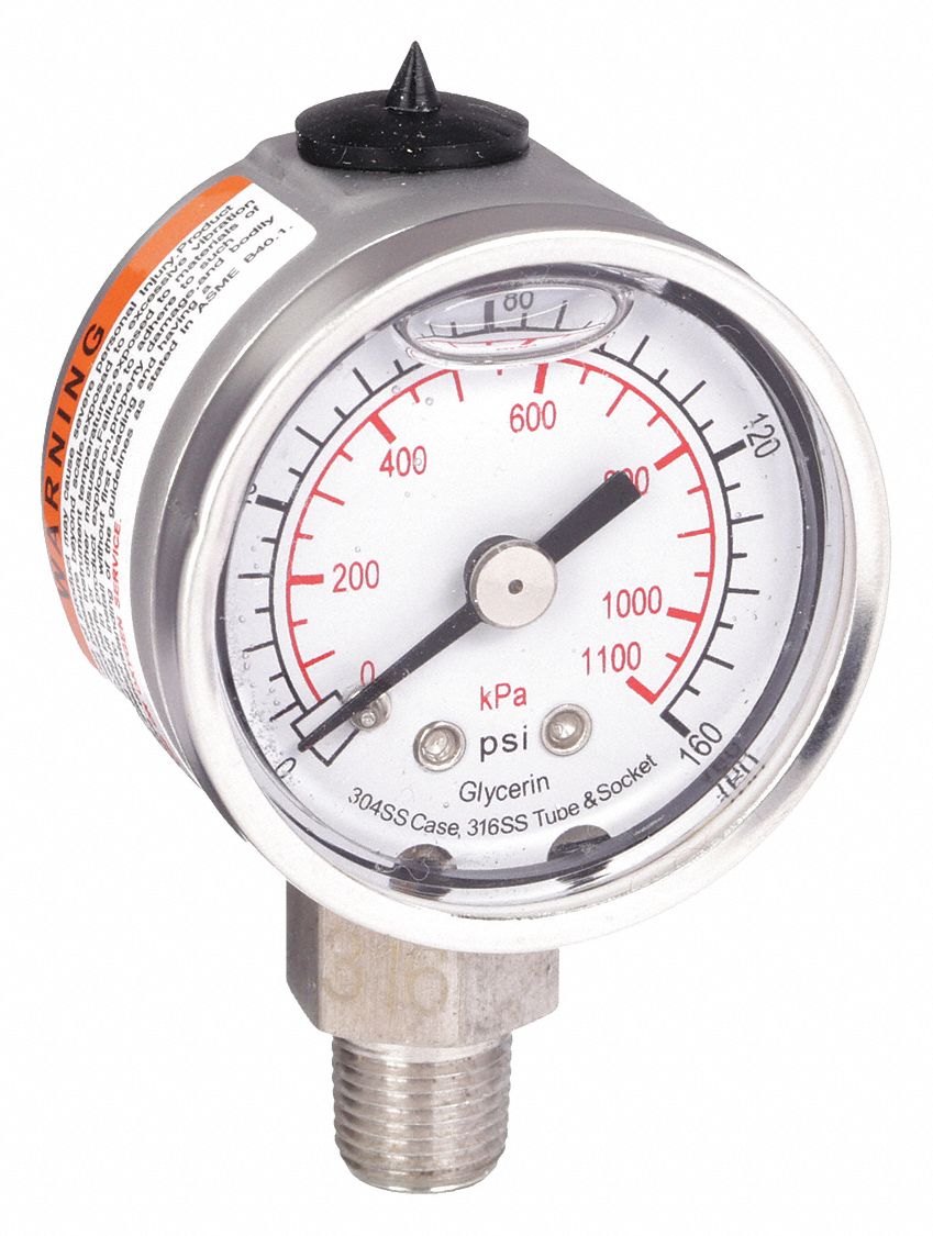 0 psi / Hg to 160 psi, 1 1/2 in Dial, Commercial Pressure Gauge - 4CFE4|4CFE4 - Grainger