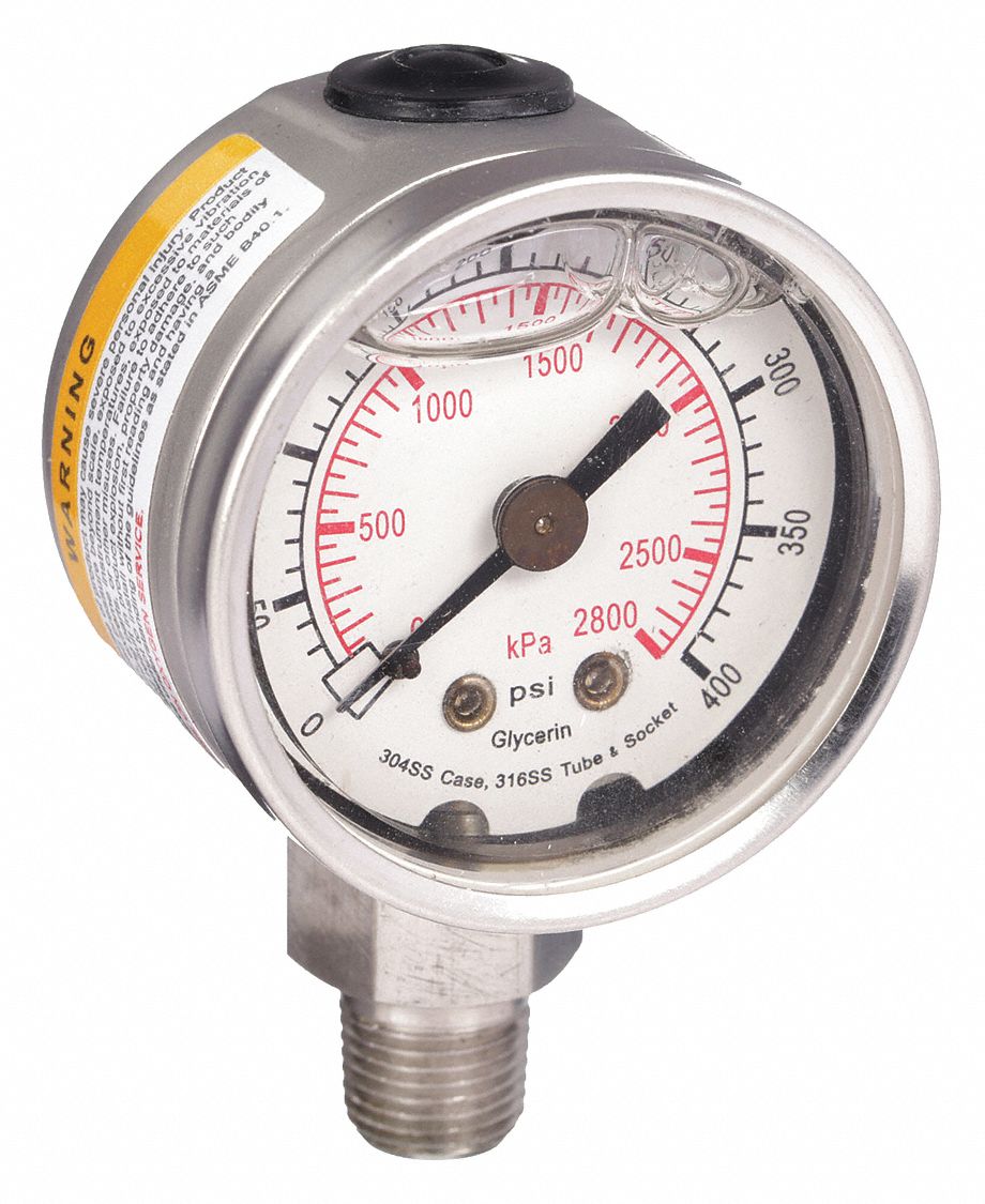 0 psi / Hg to 400 psi, 1 1/2 in Dial, Commercial Pressure Gauge - 4CFE7 ...