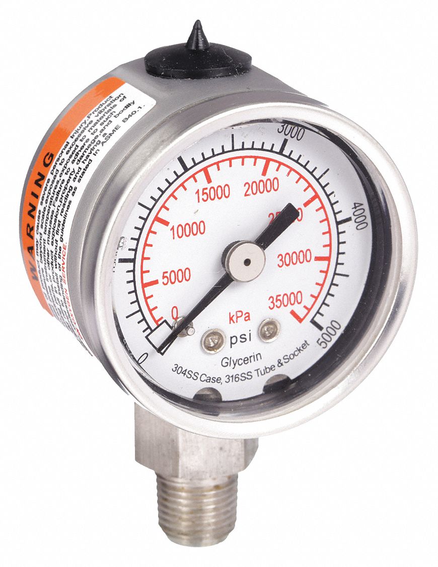 0 psi / Hg to 5,000 psi, 1 1/2 in Dial, Commercial Pressure Gauge - 4CFF3|4CFF3 - Grainger