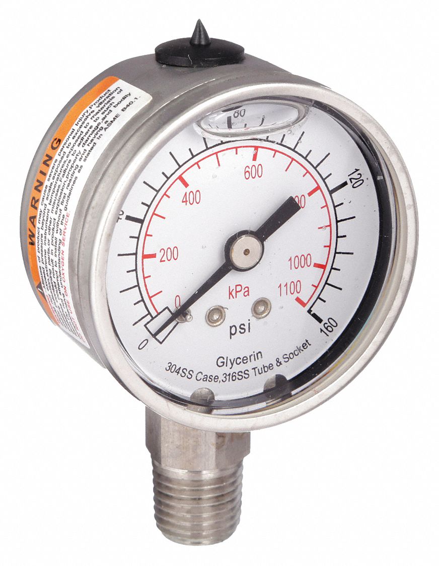 0 psi / Hg to 160 psi, 2 in Dial, Commercial Pressure Gauge - 4CFF9|4CFF9 - Grainger