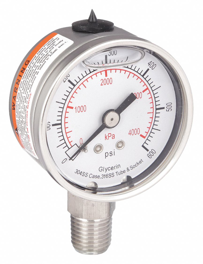 0 psi / Hg to 600 psi, 2 in Dial, Commercial Pressure Gauge - 4CFG4 ...