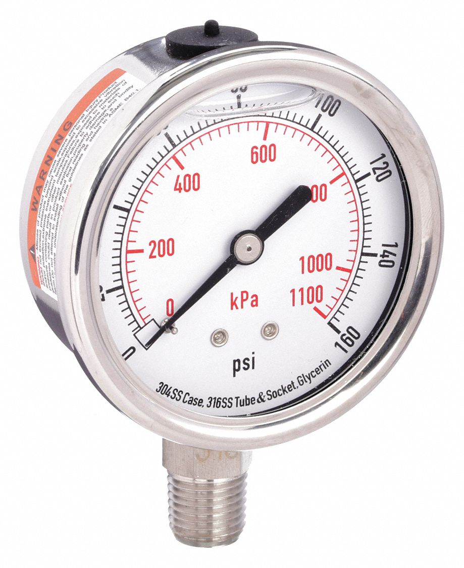 0 psi / Hg to 160 psi, 2 1/2 in Dial, Commercial Pressure Gauge - 4CFH5|4CFH5 - Grainger
