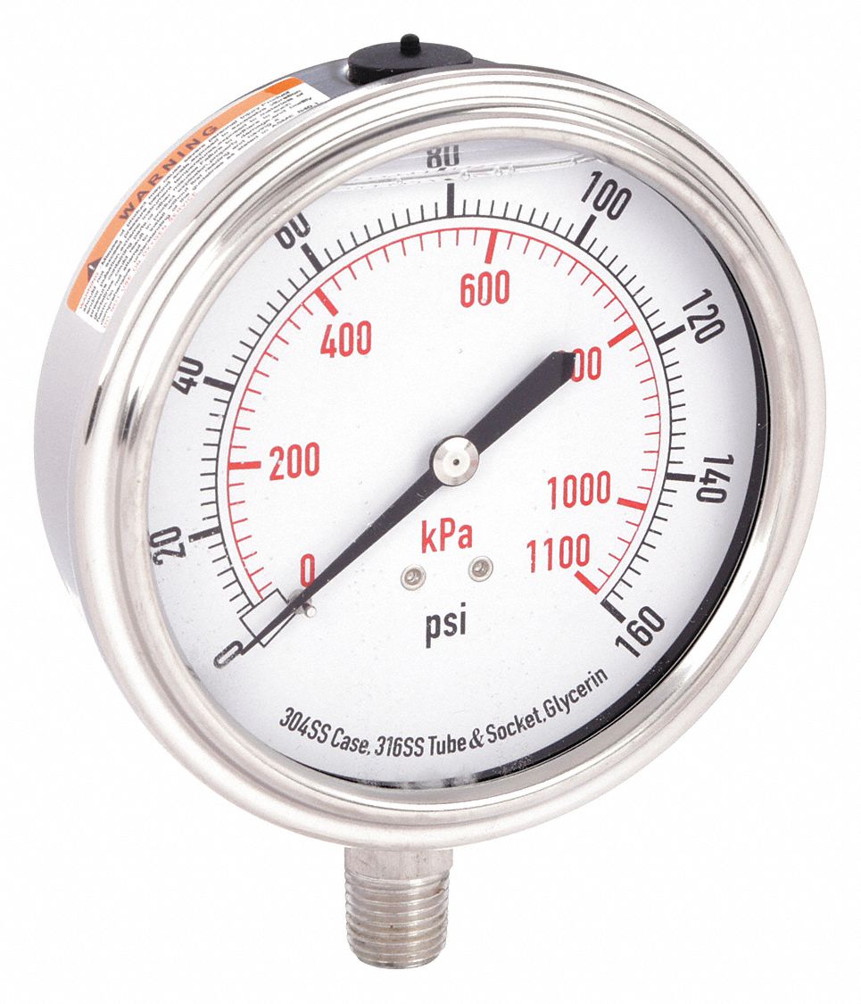0 psi / Hg to 160 psi, 3 1/2 in Dial, Commercial Pressure Gauge - 4CFK1|4CFK1 - Grainger