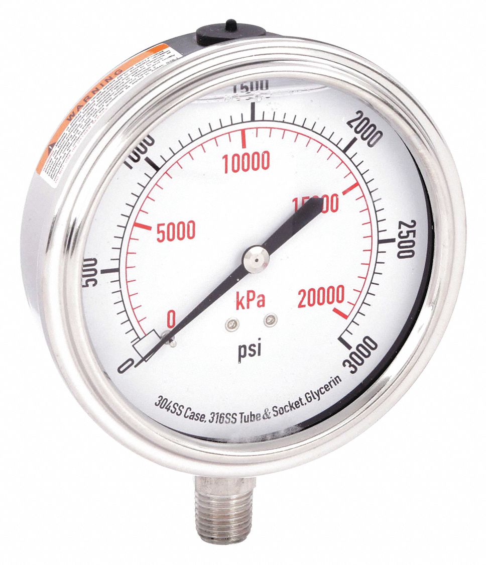0 psi / Hg to 3,000 psi, 3 1/2 in Dial, Commercial Pressure Gauge ...