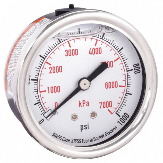0 psi / Hg to 1,000 psi, 2 1/2 in Dial, Commercial Pressure Gauge ...