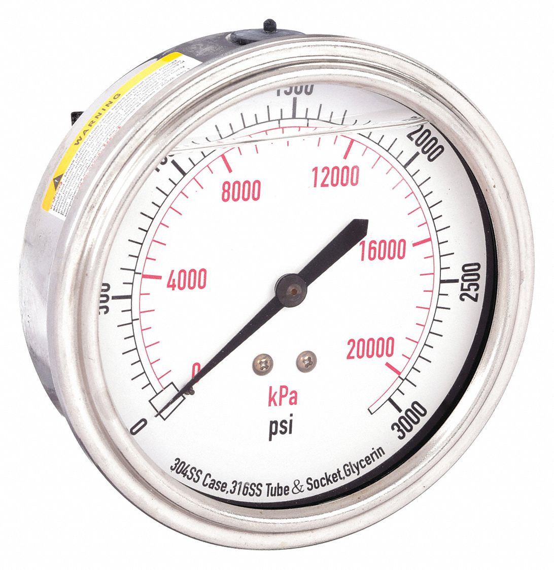 0 psi / Hg to 3,000 psi, 3 1/2 in Dial, Commercial Pressure Gauge ...