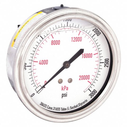 0 psi / Hg to 3,000 psi, 3 1/2 in Dial, Commercial Pressure Gauge ...