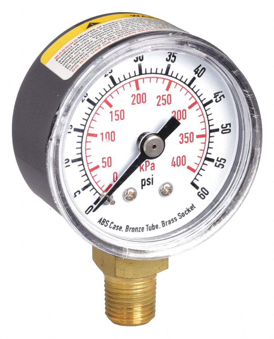 0 psi / Hg to 60 psi, 1 1/2 in Dial, Commercial Pressure Gauge - 4CJR1 ...