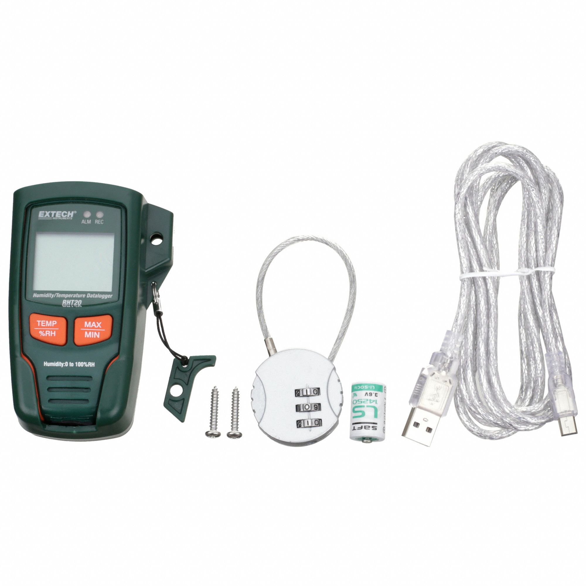 EXTECH Data Logger: ±1°F Temp/±3% RH Accuracy, -40° to 158°F, 0% to 100 ...