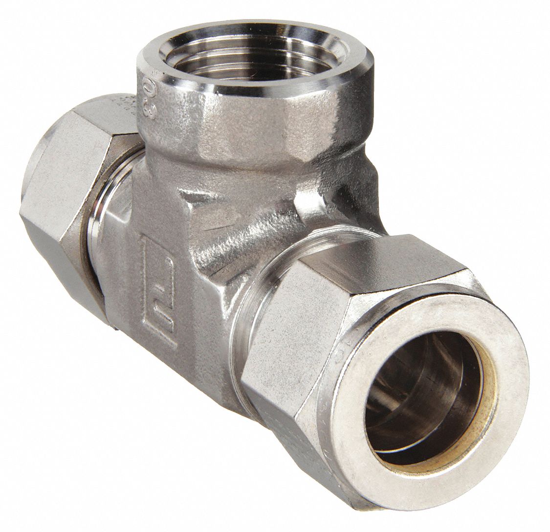 PARKER, 5/8 in OD 5/8 in OD x 1/2 in Pipe Fitting Size, Stainless Steel, Compression Tee Fitting ...