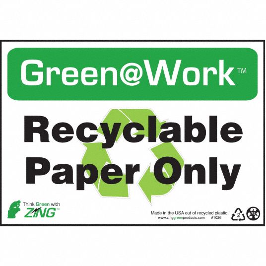 Plastic, Recycling Sign, 10" Width, 7" Height, Green, White, Surface ...