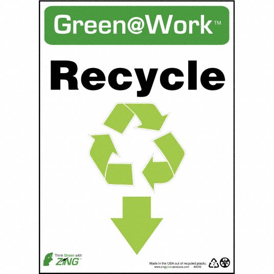 Plastic, Recycling Sign, 10" Width, 14" Height, Green, White, Surface ...