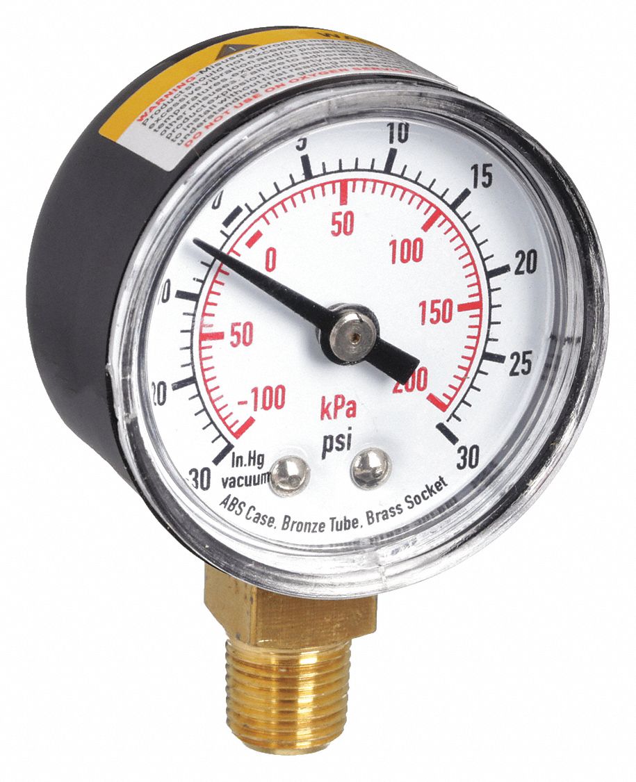 30 in Hg to 0 psi / Hg to 30 psi, 1 1/2 in Dial, Commercial Compound Gauge - 4FLP7|4FLP7 - Grainger