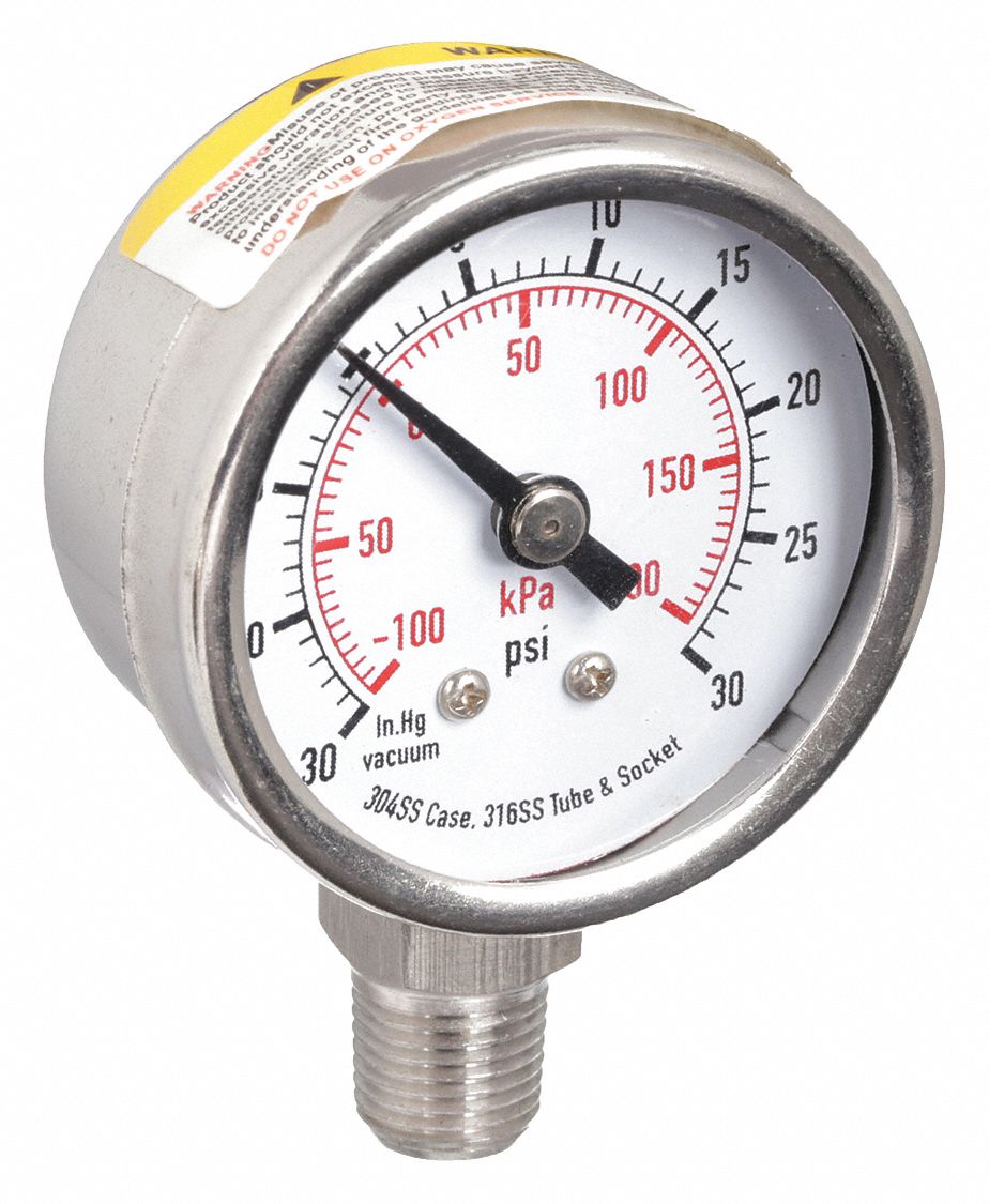 30 in Hg to 0 psi / Hg to 30 psi, 1 1/2 in Dial, Commercial Compound Gauge - 4FMH8|4FMH8 - Grainger