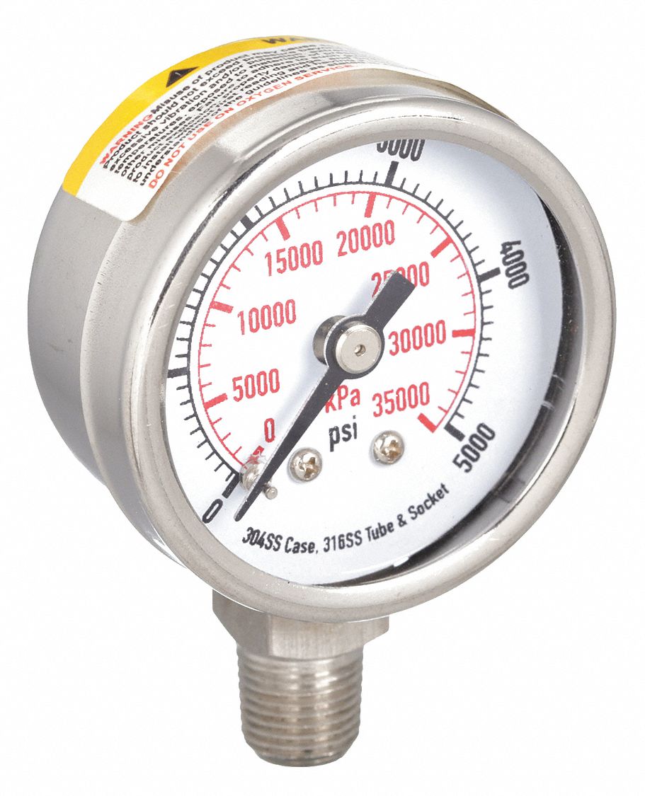 0 psi to 5,000 psi, 1 1/2 in Dial, Commercial Pressure Gauge - 4FMK2|4FMK2 - Grainger