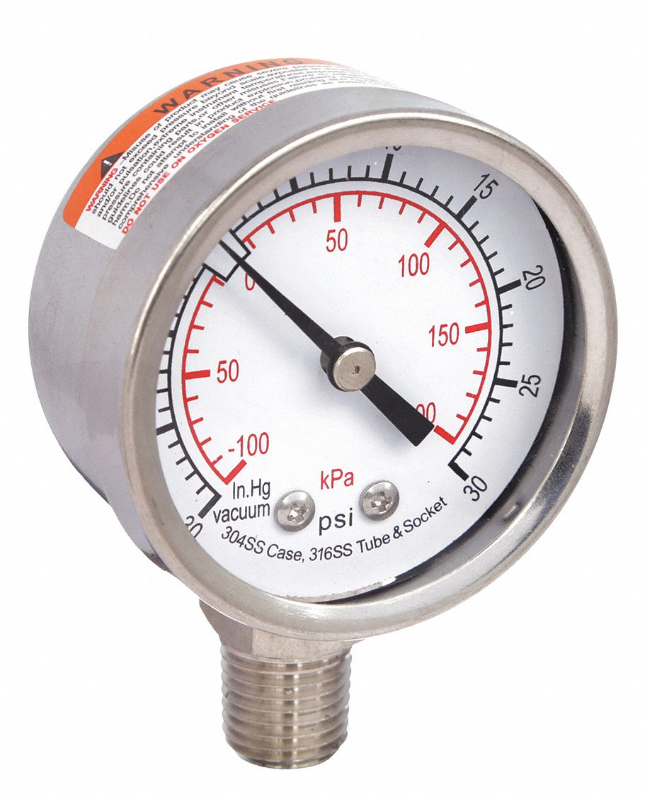 30 in Hg to 0 psi / Hg to 30 psi, 2 in Dial, Commercial Compound Gauge - 4FMK4|4FMK4 - Grainger