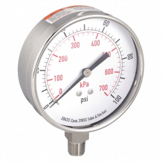 0 psi / Hg to 100 psi, 3 1/2 in Dial, Commercial Pressure Gauge - 4FMP8 ...