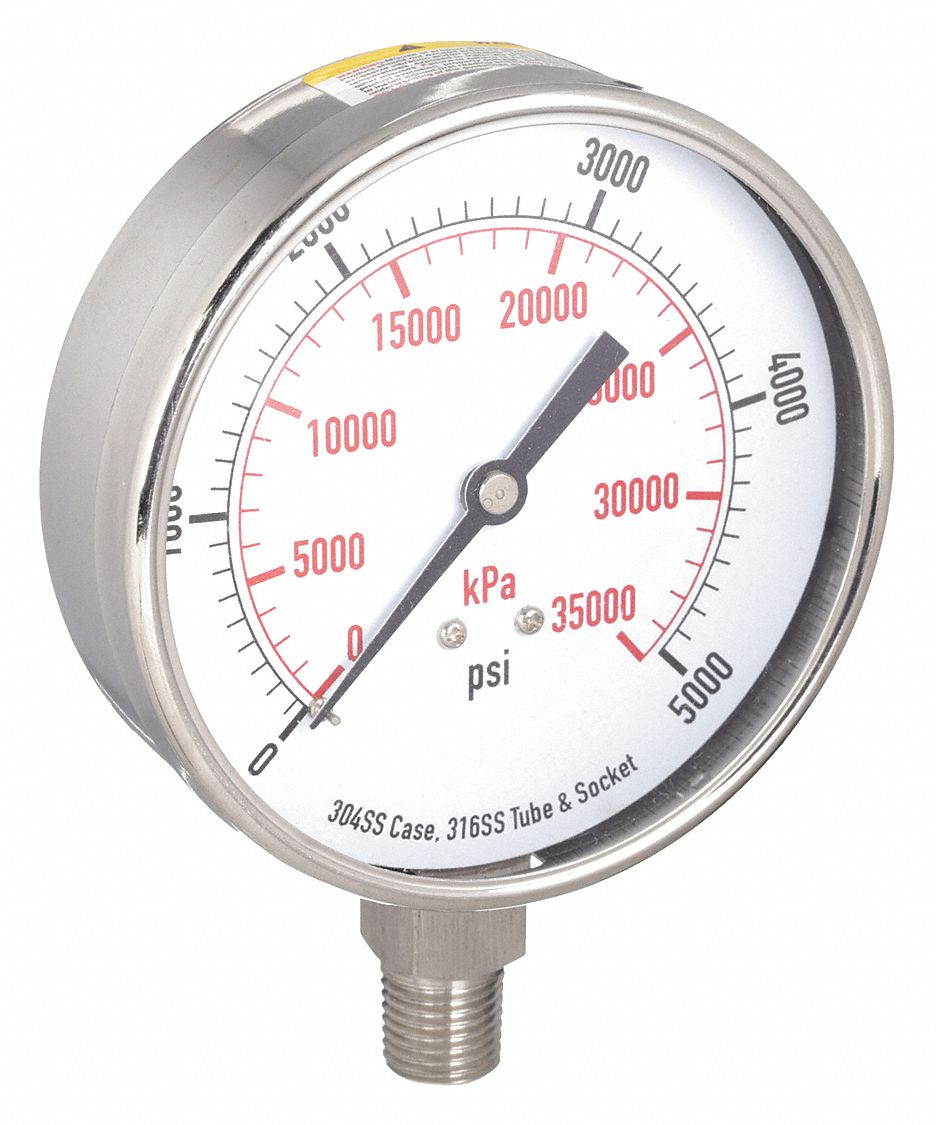 0 psi to 5,000 psi, 3 1/2 in Dial, Commercial Pressure Gauge - 4FMR8 ...