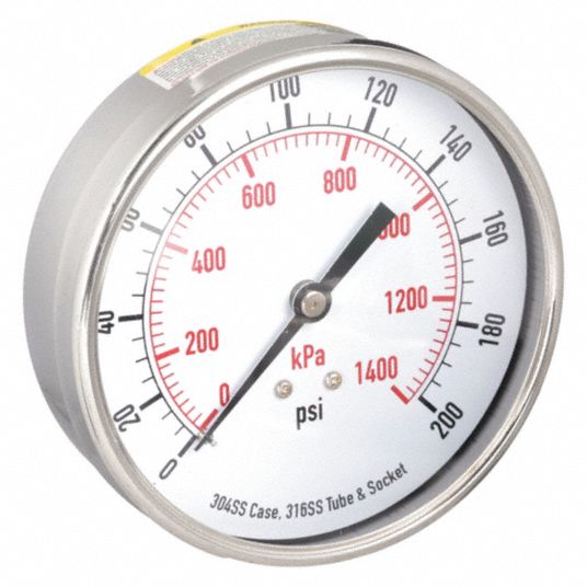 0 psi to 200 psi, 3 1/2 in Dial, Commercial Pressure Gauge - 4FMY3 ...