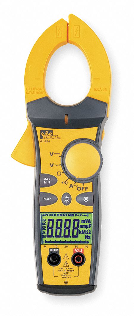 Digital Clamp On Ammeter, 1.4 in (36 mm) Jaw Capacity, CAT IV 600V, CAT ...