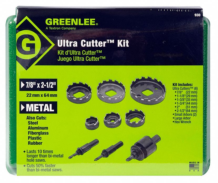 GREENLEE Hole Cutter Kit: 11 Pieces, 7/8 in to 2 1/2 in Saw Size Range ...