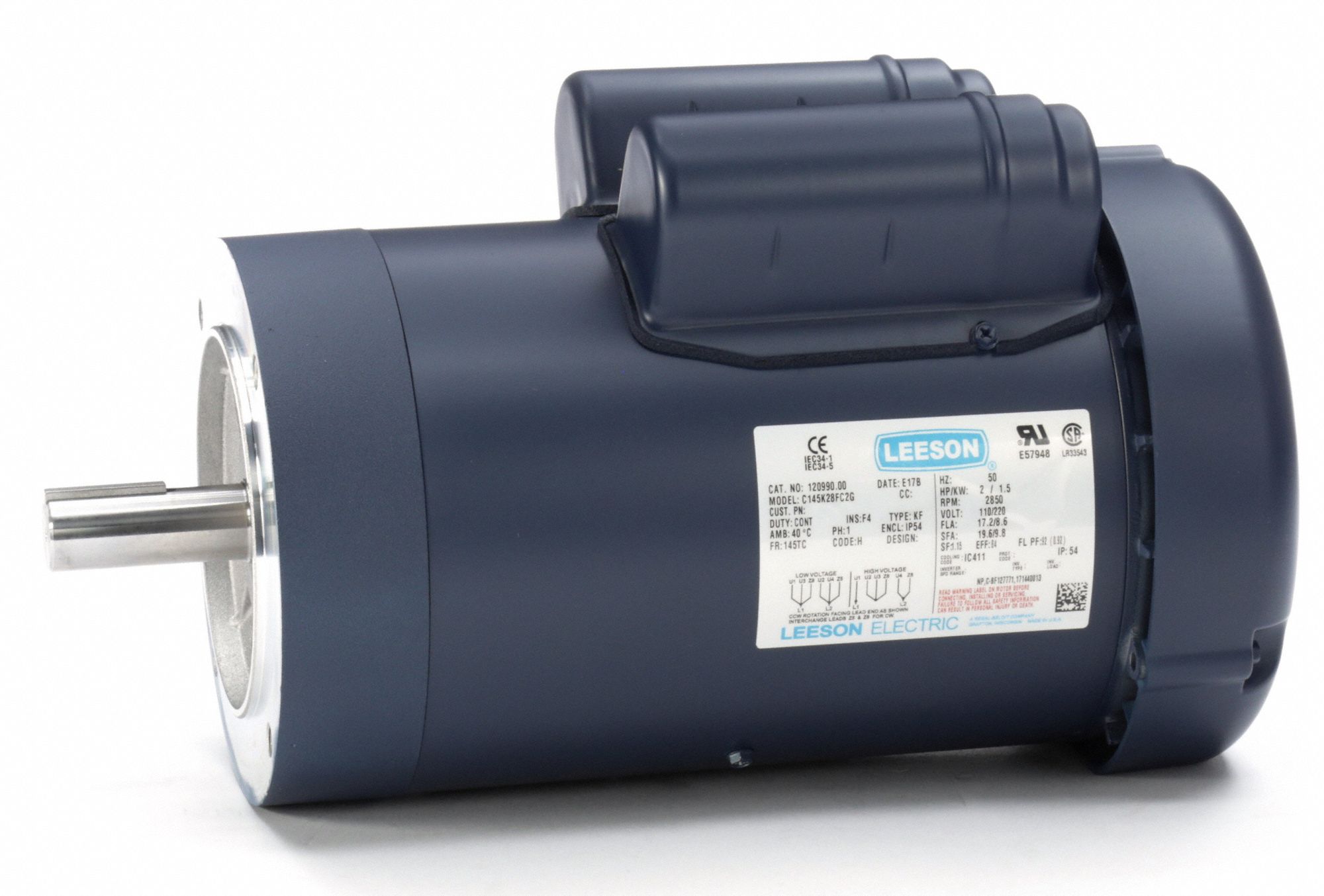 LEESON 50 Hz Motor: Totally Enclosed Fan-Cooled, 2 HP, 2,850 Nameplate ...