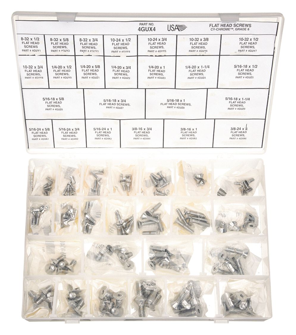Flat, 24 # of Sizes, Flat Head Screw Assortment - 4GUX4|MK573H - Grainger