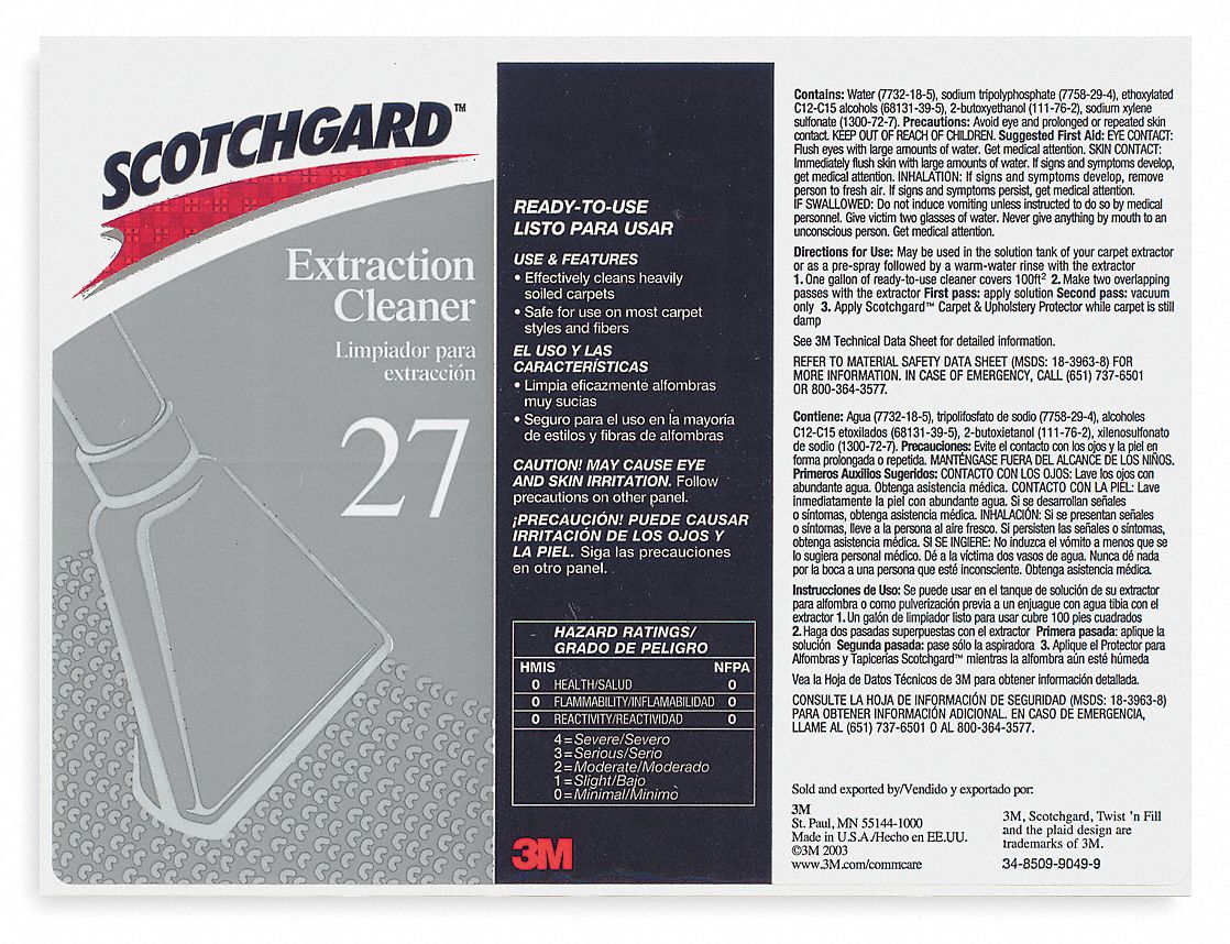 3M Secondary Bottle Label: Scotchgard Carpet Extraction Cleaner 27, 12 ...