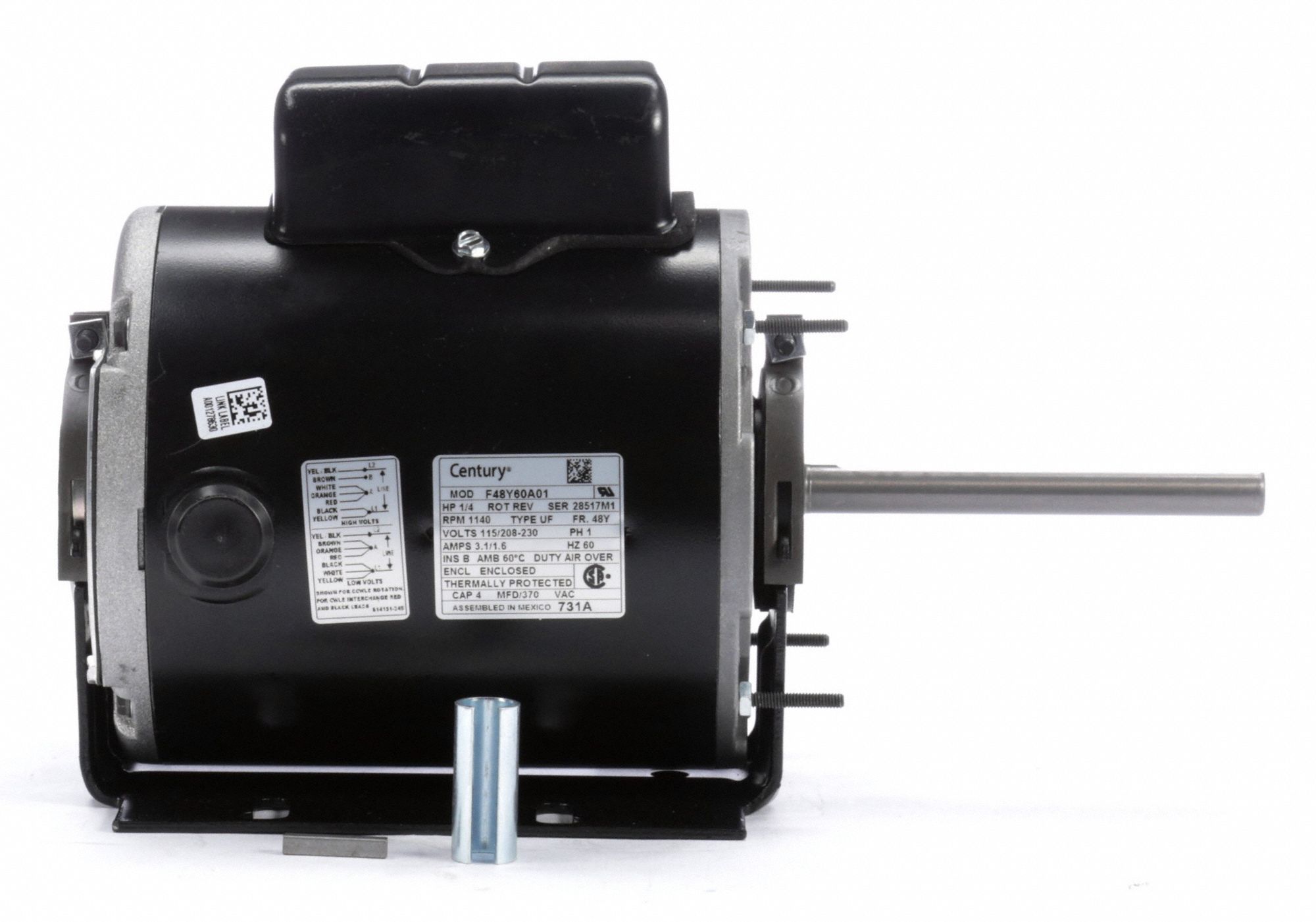 CENTURY Unit Heater Motor: 1 Speed, 1/4 HP, 1,140 Nameplate RPM, 115/ ...