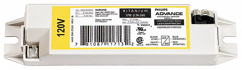 ADVANCE LED Driver: 120V AC, 2.8 to 24V DC, 0.70ADC, 17W - 4HGL6 ...